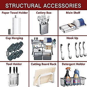 VNKZI Over Sink Dish Drying Rack, 2 Tier Full Stainless Steel Storage Adjustable Length (25.98''~36.61'') Kitchen Rack, Multifunctional Expandable Counter Organizer Shelf, Space Saver Dish Rack