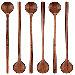 Patelai 6 Pcs 11 inch Long Spoons Wooden Long Handle Round Spoons Korean Style Soup Spoons for Soup Cooking Mixing Stirring Kitchen Tools Utensils