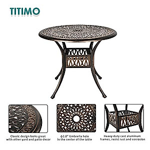 TITIMO 5 Piece All-Weather Cast Aluminum Outdoor Patio Deck Dining Set w/Round Table and 4 Chairs, Red Cushions, Umbrella Hole - Deep Bronze