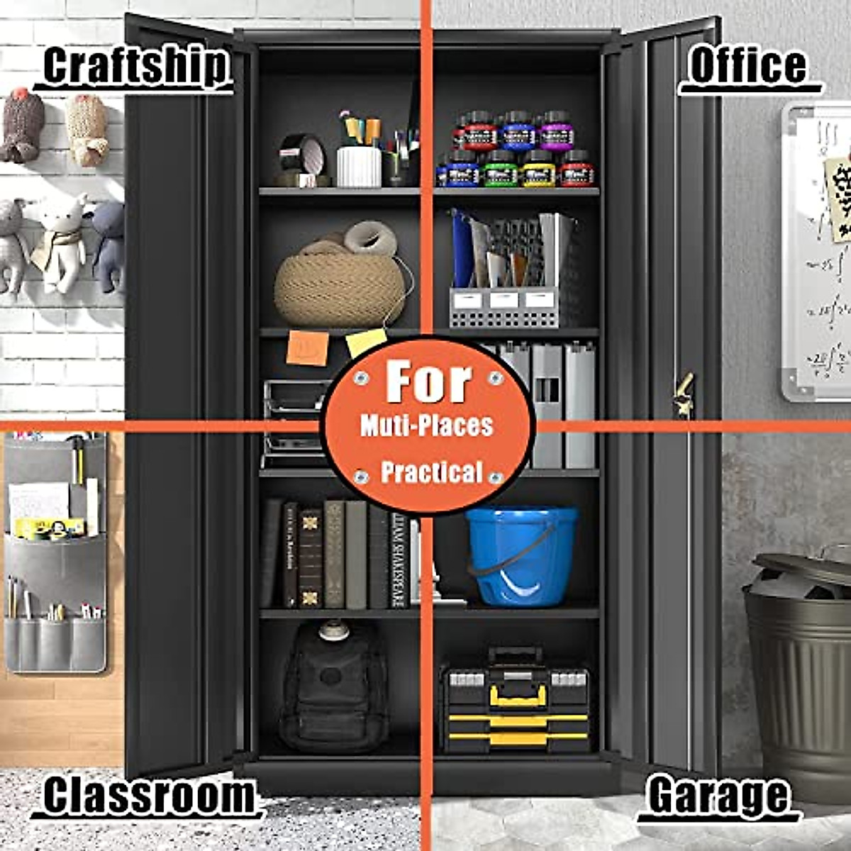 INTERGREAT Black Metal Storage Cabinet Locking Steel Storage Cabinet with 4 Adjustable Shelves 72”H×36”W×18”D Tall Metal Utility Storage Cabinet 2 Door