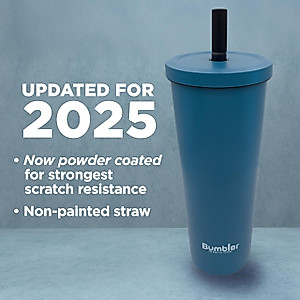 Stainless Steel Bubble Tea Cup - Bumbler 24oz Large Reusable Eco-Friendly Tumbler with Wide Soft Tip Metal Straw, Leak-Proof Lid - for Boba, Smoothies, Iced Coffee, Hot or Cold Drinks - Blue Eclipse