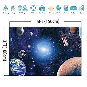VOUORON Outer Space Happy Birthday Photography Backdrop for Kids Baby Astronaut Rocket Banner 5x3ft Universe Planet Photo Background for Children's Birthday Galaxy Planet Party Photo Studio Props