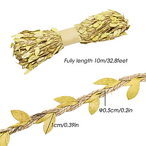 YuCool 3 Rolls 98 Feet 5MM Gold Burlap Leaf Ribbon, with Artificial Green Leaves Braided Decorated Vine for Jungle Party Wedding Garden Home Decor