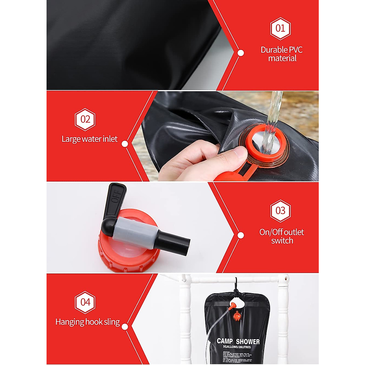 DkOvn 1/2/4 Pack Solar Shower Bag, 5 Gallons/20L Camping Shower Bag, Portable Shower Bag with Removable Hose and On-Off Switchable Shower Head for Camping Beach Swimming Outdoor Traveling(2 Pack)