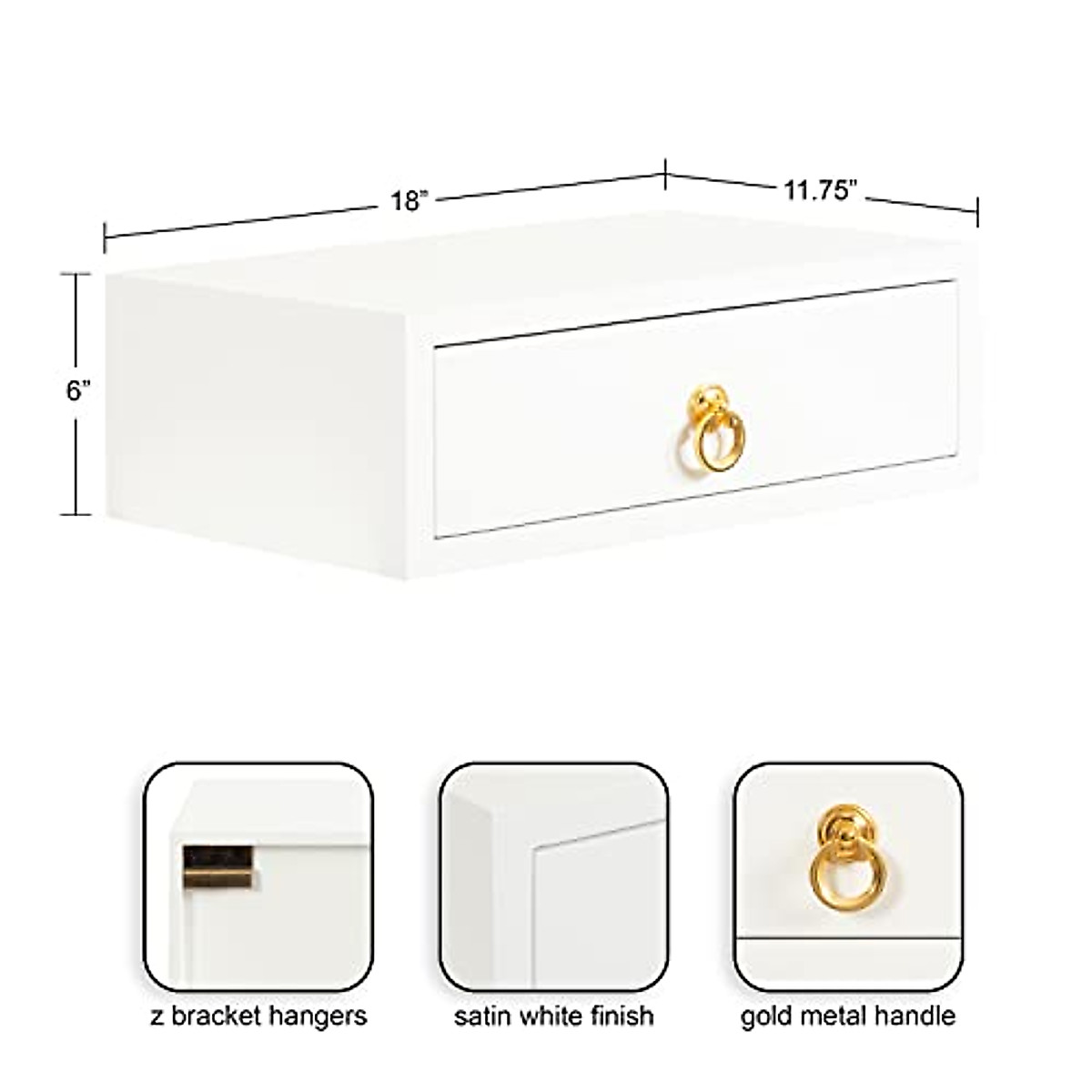 Kate and Laurel Decklyn Modern Glam Floating Side Table with Concealed Drawer for Additional Storage and Home Decor, 18x12x6, White/Gold