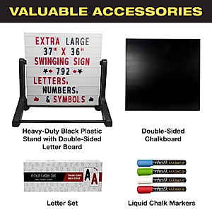Excello Global Products Swinging Changable Message Sidewalk Sign: 37" x 36" Sign with 792 Pre-Cut Double Sided Letters and Storage Box. Includes Black Sign Board & 4 Liquid Chalkboard & Letter Board