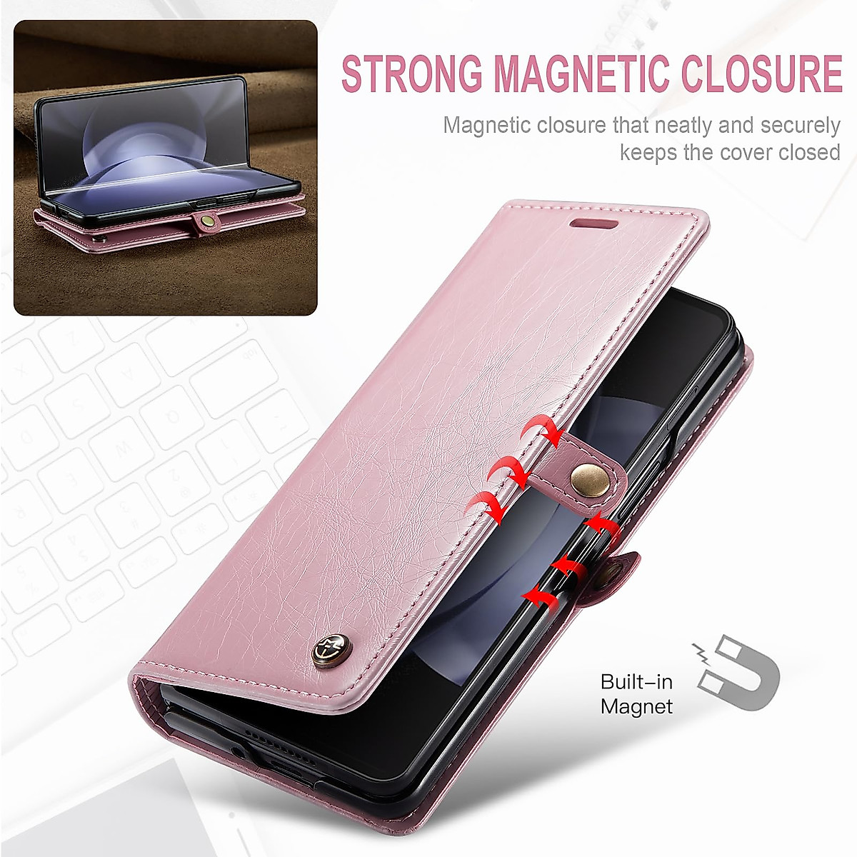 CaseMe for Samsung Galaxy Z Fold 5 5G Wallet Case,Soft PU Leather Flip Case Magnetic Stand Flip Protective Cover Leather Case with ID & Credit Card Slots Holder Case for Z Fold 5 5G (Pink)