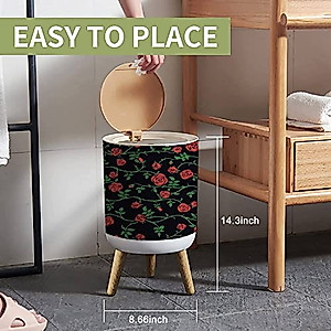 Small Trash Can with Lid Red Rose Floral Seamless with Climbing Curly Flower Green Leaf and Wood Legs Press Cover Garbage Bin Round Waste Bin Wastebasket for Kitchen Bathroom Office 7L/1.8 Gallon
