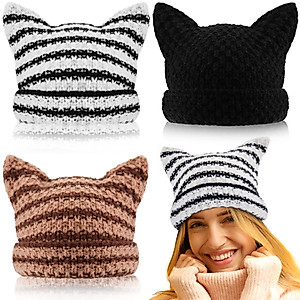 Hercicy 3 Pcs Women Knitted Cat Beanie Stripe Winter Warm Cap with Devil Horn Grunge Accessories Slouchy Hat Crochet Beanie with Ears (Classic Colors)