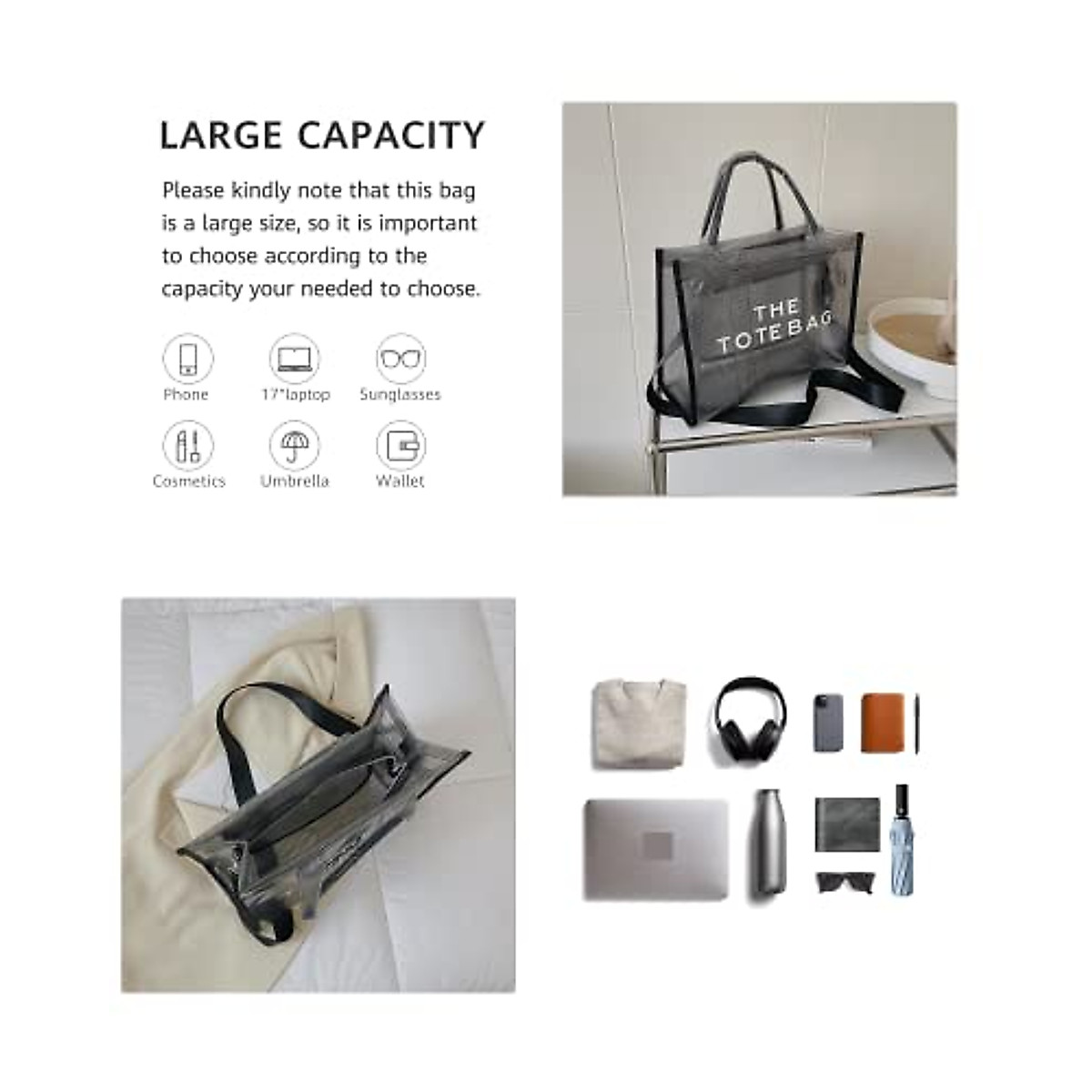 Clear Tote Bag for Women, Large Plastic Tote Bag, Beach Bag Crossbody/Handbag/Shouder Tote Bag(10 * 8 * 4in) (Black)
