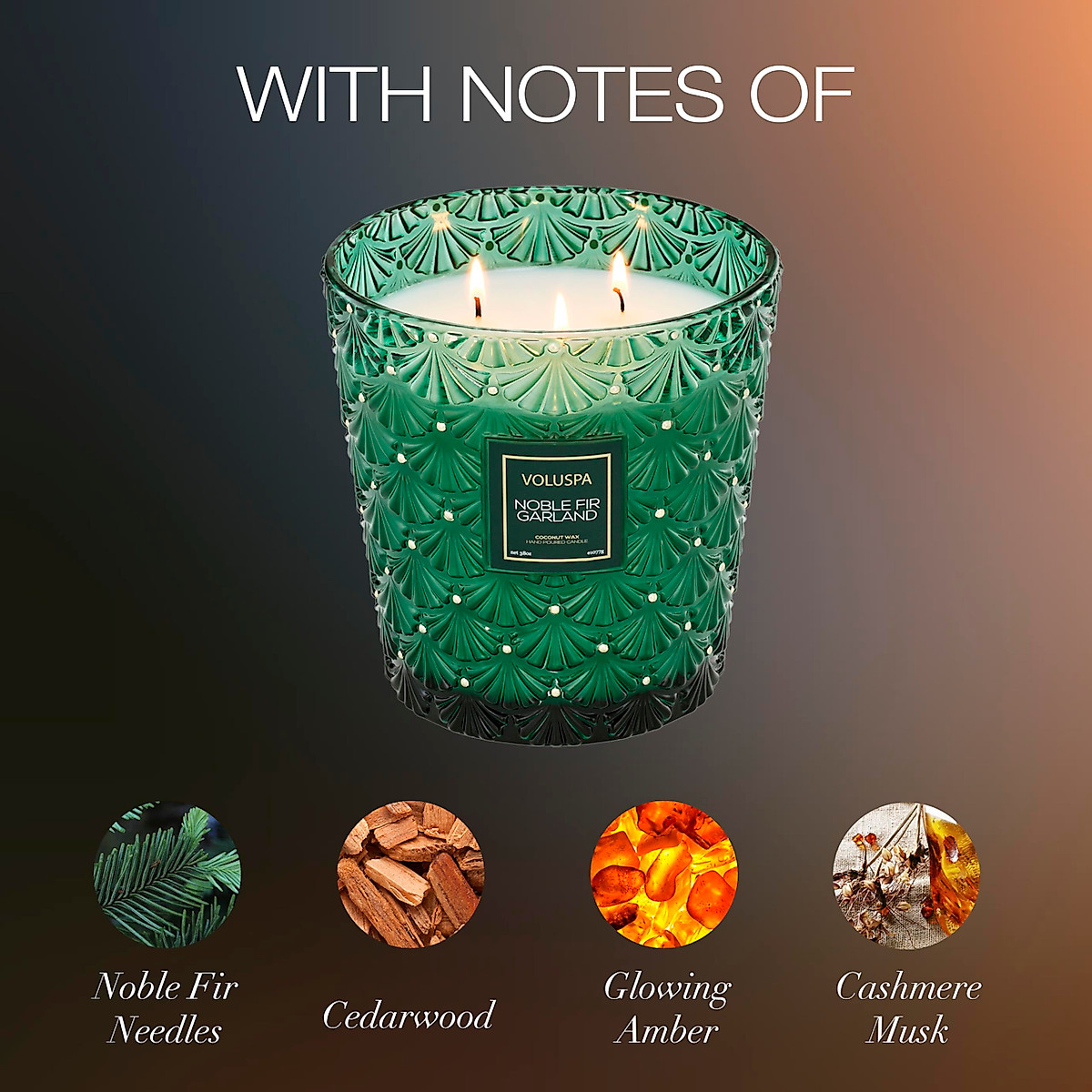 Voluspa Noble Fir Garland, 3 Wick Hearth Candle, 38 oz, 80 Hour Burn Time, Coconut Wax Blend, Christmas Scented Candles for Home, Poured in The USA