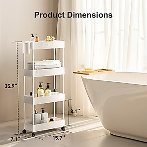 Pipishell Slim Storage Cart with Wheels, 4 Tier Bathroom Storage Organizer Rolling Utility Cart for Bathroom Kitchen Laundry Room Office Narrow Place (White)