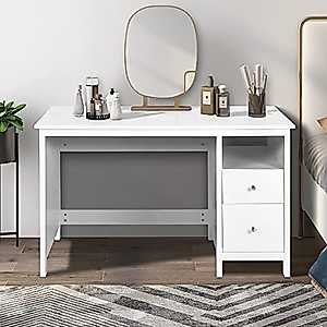 Vikiullf White Writing Desk with Drawers - 47” Modern Home Office Study Computer Desk with Storage Cabinet & Open Shelf, Simple Vanity Table for Bedroom