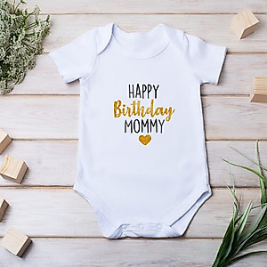 Organic GOTS Certified Baby Onesie Unisex Bodysuit 0-18 months - Happy Birthday | Present Gift (Gold - Happy Birthday Mommy, 0-3 Months)