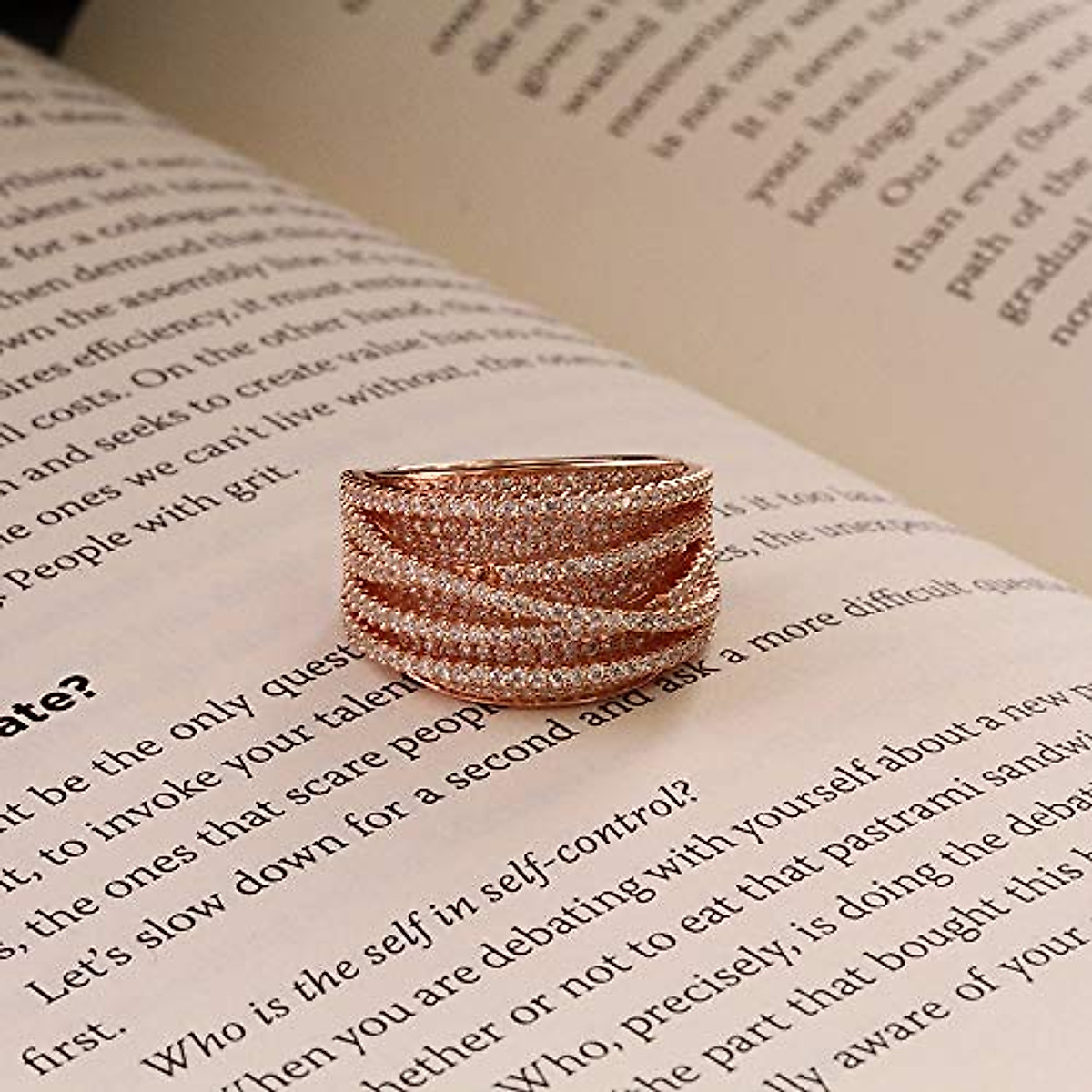 DoubleAccent 925 Sterling Silver Ring 14K Gold or Rose Gold Plated Crisscross Intertwined Design CZ Stone Beautiful Pave Ring 15mm, 5