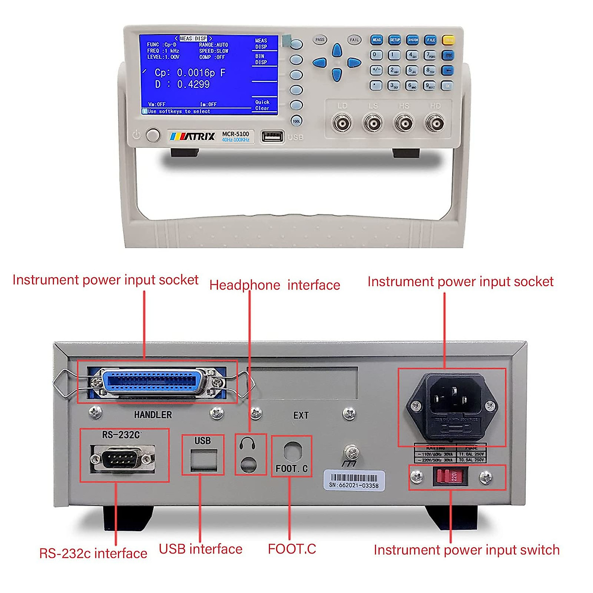 MATRIX LCR Meter, Capacitance Meter 40Hz-100kHz, Inductance Meter Accuracy 0.1%, Digital Multimeter with 32-Bit Core Processor, Electronic Component Tester 30Ω/100Ω Two Output Resistance, MCR-5100