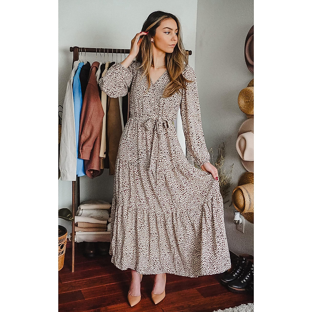 PRETTYGARDEN Womens Fall Long Sleeve Wrap V Neck Ruffle Floral Maxi Dress Casual Tie Waist Boho Chiffon Flowy Long Dresses(Apricot,Medium)