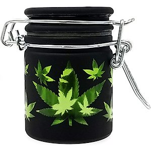 Airtight Glass Herb Mini Stash Jar with Clamping Lid in Choice of Design (Black Frosted with Green Leaf)