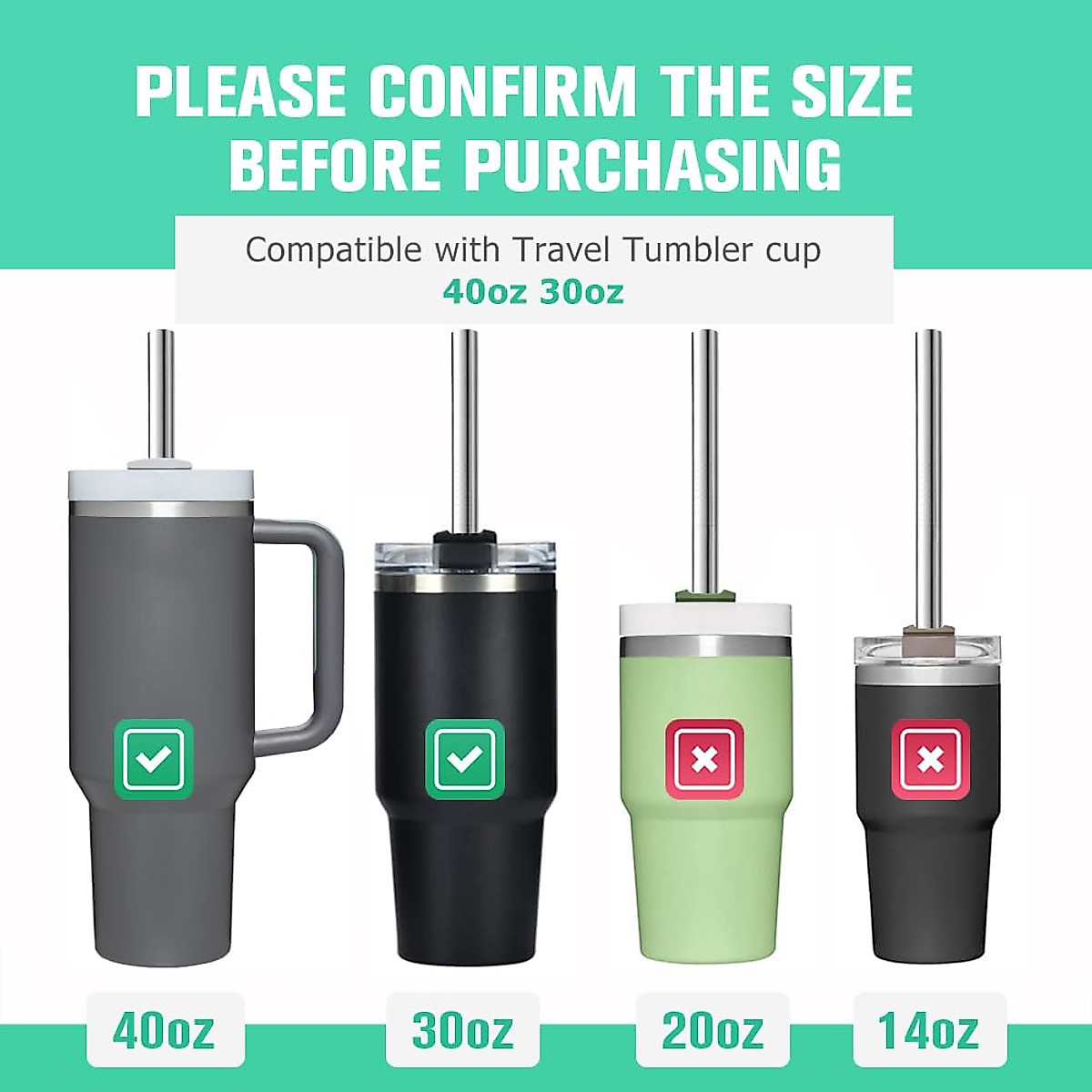 8 Piece 5/16 inch (8mm) Wide Straight Stainless Steel Straws for Travel 40oz Tumblers, 12 Inch Long Reusable Metal Straws, Replacement Straws with Silicone Tips & Cleaning Brush, Silver