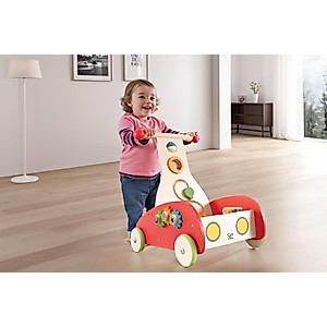 Hape Wonder Walker Push and Pull Toy | Award Winning Wooden Toddler Walking Activity Center, Rolling Baby Walker Toy, Red/Natural
