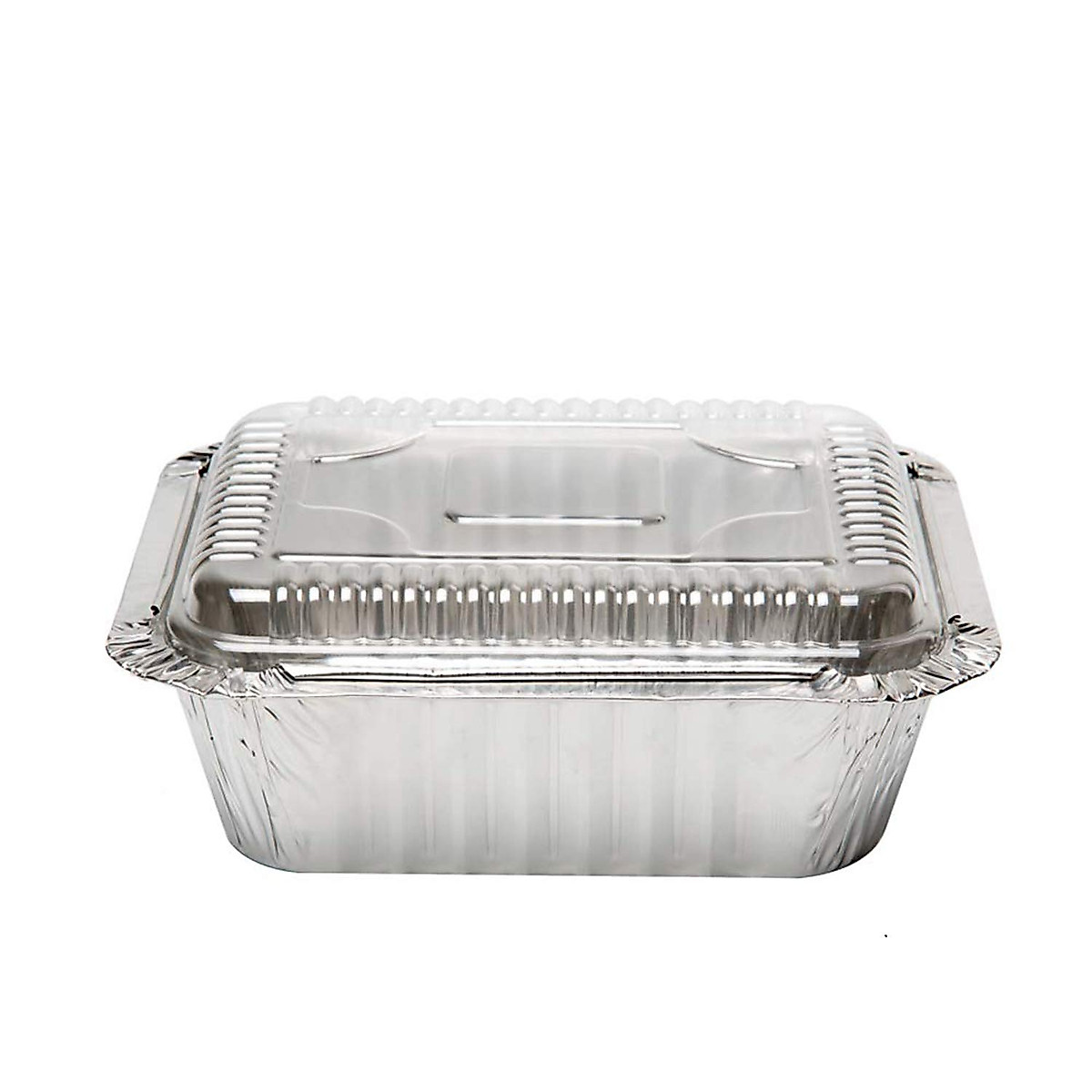 Tiger Chef Oblong Aluminum Tin Foil 1 Pound Pans Dimensions: 5.56" X 4.56" X 1.63" With Clear Dome Lids Measures: 5.5" X 4.5" X 1" Disposable Freezer to Oven Safe for Takeout Storing - 10 Pack