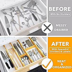 SpaceAid Bamboo Drawer Dividers with Inserts and Labels, 6 Dividers with 12 Inserts (17-22 in), 4 Dividers with 9 Inserts (17-22 in)