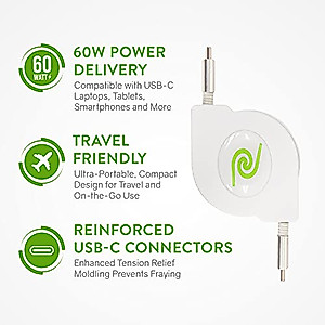 ReTrak USB C Cable, USB C to USB C 6ft Retractable Cable, 60W Power Delivery for MacBook, iPad Pro 2020, iPad Air 4, Dell, HP, Google Pixel 4a, and More