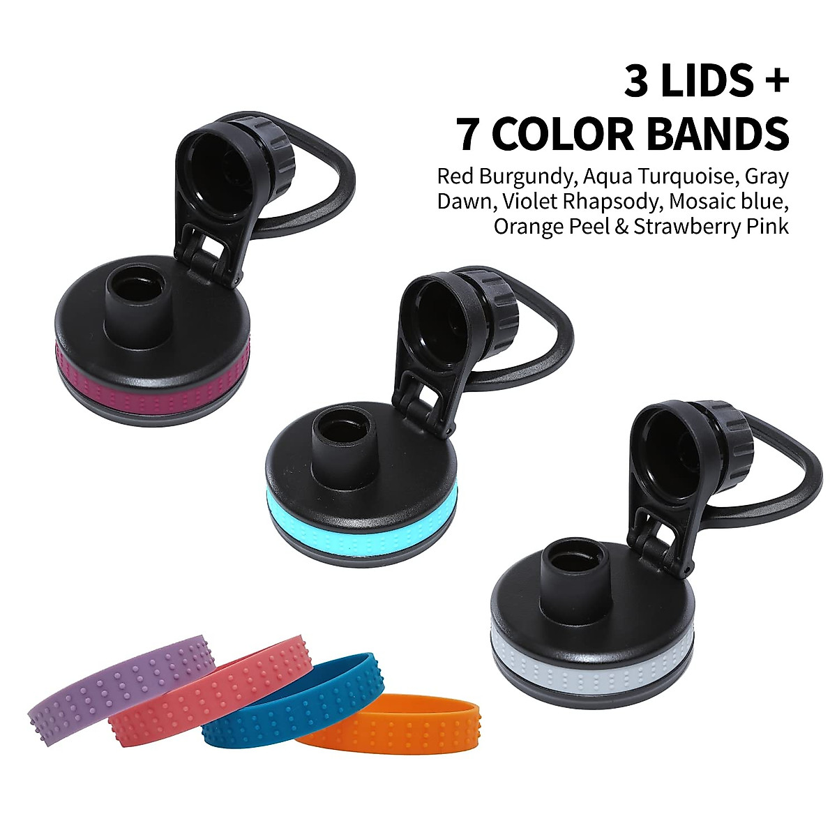 3 Spout Lids + 7 Color Bands for Flask Wide Mouth Thermo Bottle with mouth diameter of 2.26 inches - Replacement Lid Accessories, Easy to Carry Triangulated Shape
