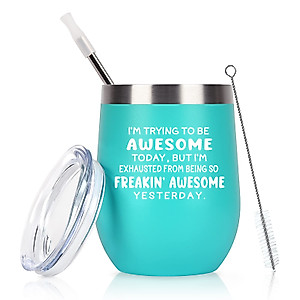 GINGPROUS Inspirational Gifts for Women, I'm Trying to Be Awesome Today Stainless Steel Insulated Wine Tumbler, Birthday Christmas Gifts for Women Friends Sister Coworkers BFF Her(12Oz, Mint)