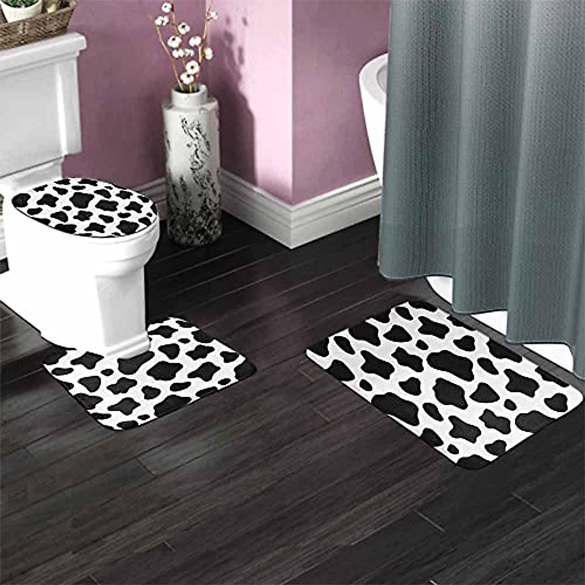 AOYEGO Black and White Cow Pattern 3 Pieces Bathroom Rugs Set Spots Farm Milk Animal Skin Camouflage Non Slip 23.6X15.7 Inch Soft Absorbent Polyester for Tub Shower Toilet