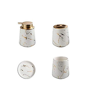 Bathroom Accessories Set Complete, 3 or 4 Ceramic Marble Pattern Bathroom Sets Accessories Bath Accessories Set with Soap Dispenser, Toothbrush Holder, Tumbler, Soap Dish (Matte White（Four Piece）)