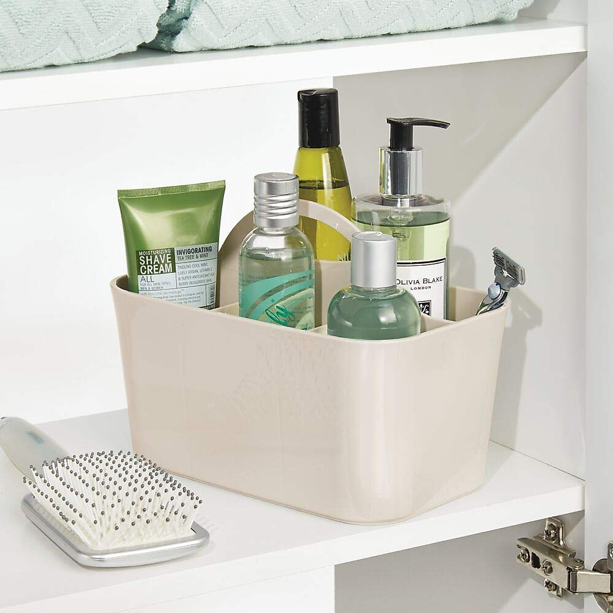 mDesign Small Plastic Shower/Bath Storage Organizer Caddy Tote with Handle for Dorm, Shelf, Cabinet - Hold Soap, Shampoo, Conditioner, Combs, Brushes, Lumiere Collection, Cream/Beige