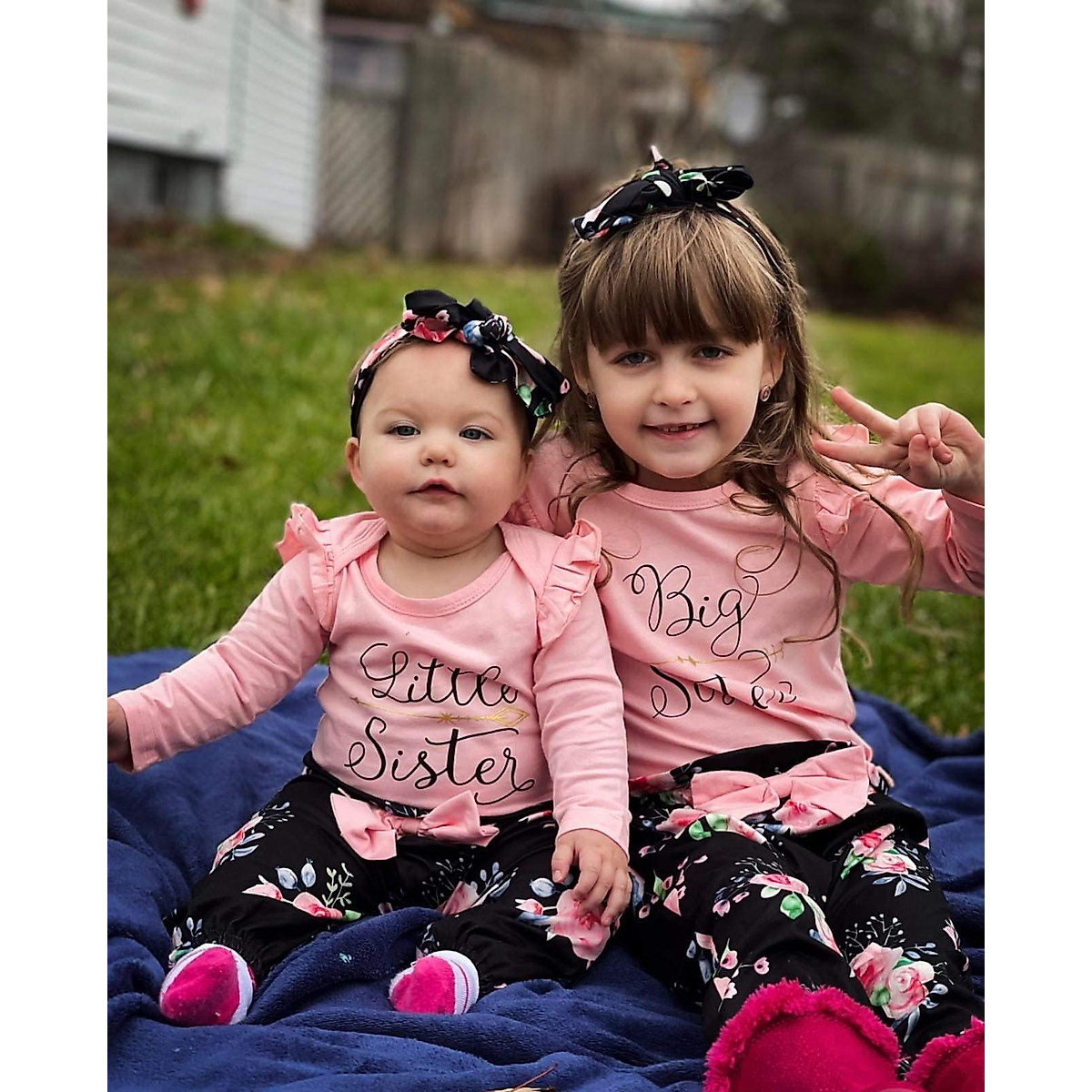 AMAWMW Sister Matching Outfits Pink Ruffle Long Sleeve Shirt Flowers Pants with Headband 3Pcs Clothes Set(0-3 Months, Little Sister, Pink-2)