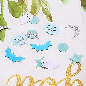 200PCS Boys Party Confetti Star Confetti for Table Blue Teal White Table Scatter Confetti with Ghost Moon Bat Pumpkin Star Circle Dots for Kids’ Halloween Theme Birthday Party Baby Shower