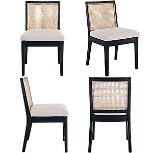 VESCASA Upholstered Dining Chairs with Square Rattan Back, Armless Padded Linen Cushion Dining Chairs with Wood Legs for Dining Room, Kitchen, Set of 2, Black Frame