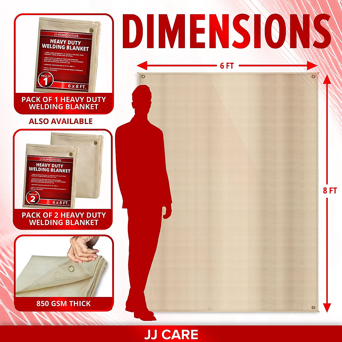 JJ CARE Welding Blanket - 2 Packs 6ft x 8ft Welding Mat - 850GSM Fiberglass Welding Blanket with Brass Grommets, Welders Blanket for Grill, Smoker Welding Blanket Heavy Duty, Welding Tarp & Shield