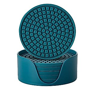 Colinda Silicone Drink Coasters with Holder, Set of 6, for Tabletop Protection and Office Desk, Cup Mat Set for Home Decor, Non-Slip and Non-Stick,Round,4 Inch,Teal