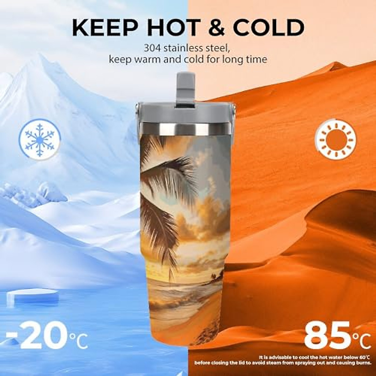 SYJTGDE Large Capacity Car Cup Tropical Beach Palm Tree Sunset Fashionable Upgrade Car Cup Advanced And Beautiful Travel Cup