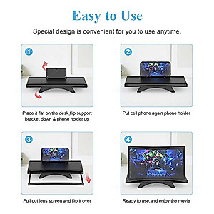 12" Curve Screen Magnifier –3D HD Mobile Phone Magnifier Projector Screen for Movies, Videos, and Gaming–Foldable Phone Stand with Screen Amplifier–Supports All Smartphones (Black)