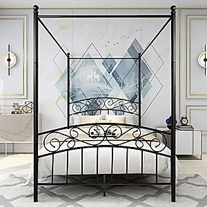 JURMERRY Metal Canopy Bed Frame Four-Poster Bed with Headboard & Footboard Mattress Foundation Sturdy Slatted Structure No Box Spring Needed Easy Assembly,Full Black