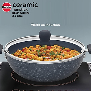 HAWKINS Ceramic Nonstick 2.5 Litre Deep Kadhai, Induction Deep Fry Pan with Glass Lid, Granite Kadai (ICK25G)