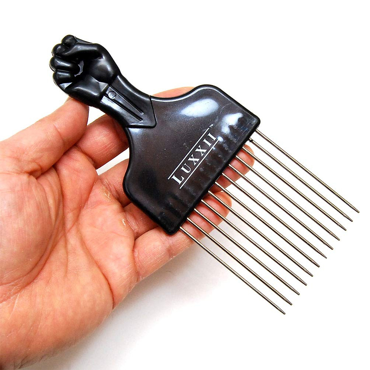 LUXXII (2 Pack) 6.75" Black Fist Metal Afro Pick Lift Hair Comb Detangle Wig Braid Hair Man Styling Comb