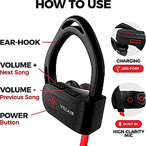 Villain Sport Headphones | Running Headphones | Workout Headphones | Gym Headphones | Wireless Bluetooth Earbuds IPX7 HiFi HD Sound with Thumping Bass