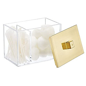 mDesign Modern Square Bathroom Vanity Countertop Storage Organizer Canister Jar for Cotton Swabs, Rounds, Balls, Makeup Sponges, Bath Salts - 2 Divided Sections - Clear/Soft Brass