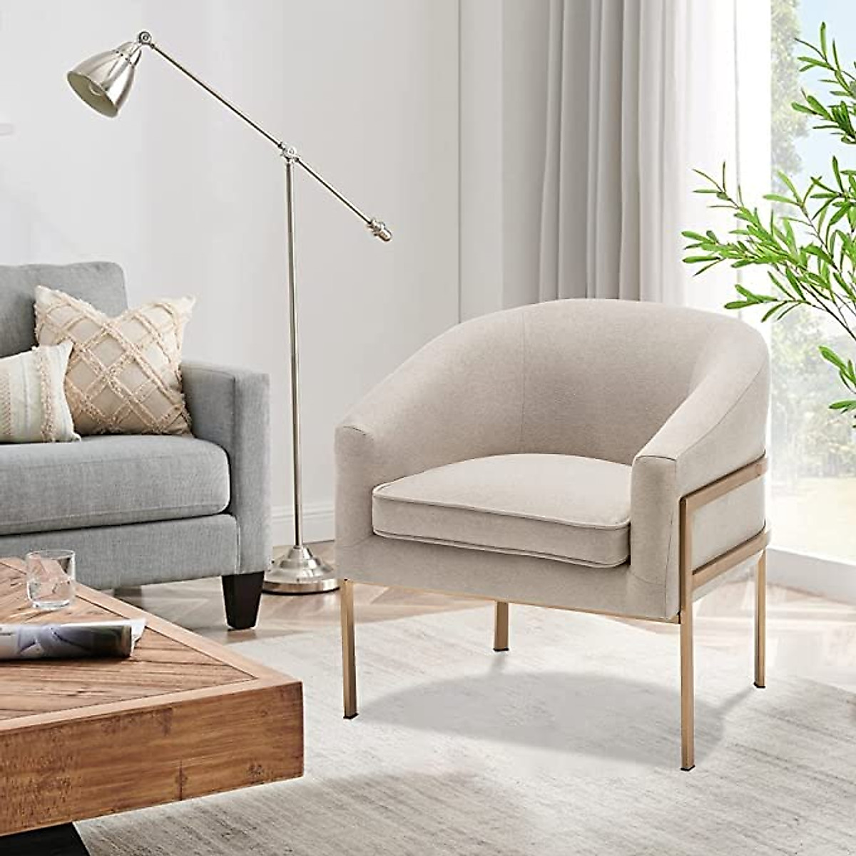 Aklaus Barrel Chairs Modern Arm Chair with Gold Metal Legs Upholstered Reading Accent Chair Club Chair with Removable Seat Cozy Sigle Sofa Chair Round Armchair for Living Guset Room Bedroom