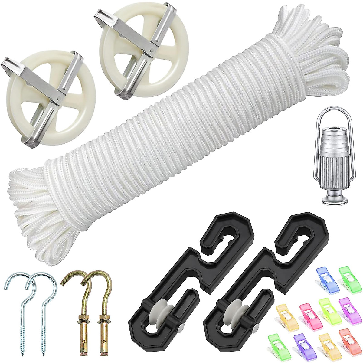 Outdoor Clothesline Kit, 150ft Polyester Clothesline Rope Heavy Duty, Clothes Line Pulley, Nylon Clothesline Pulley Kit, Clotheslines S Separator Spreader, Clothesline Tightener, Hooks