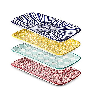 Selamica Ceramic Rectangular Serving Platters Set of 4, 12 Inch Serving Trays/Dishes for Party Entertaining, Rectangular Dinner Plates for Appetizer Salad Dessert Sushi, Gift, Assorted Colors