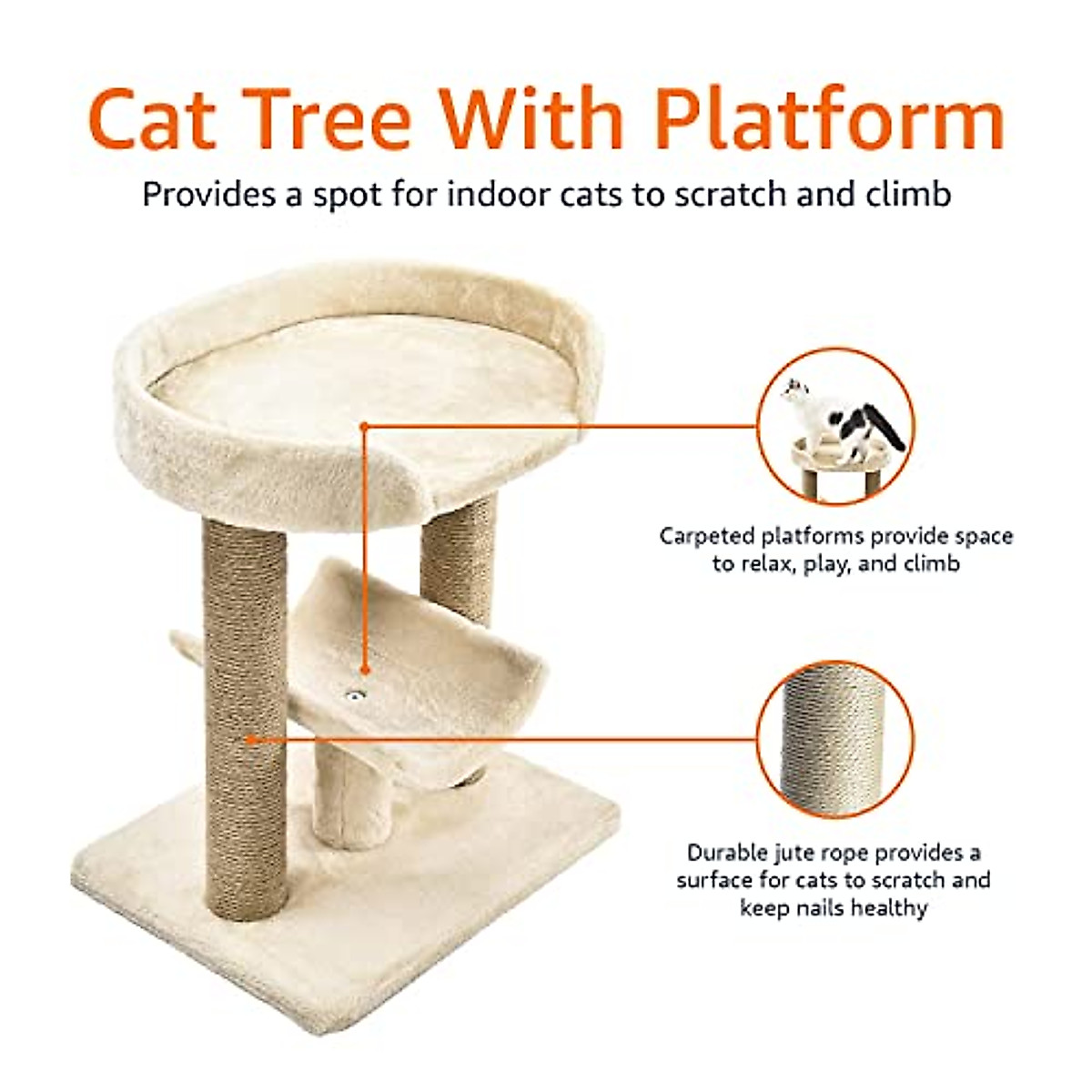 Amazon Basics Top Platform Cat Tree With Scratching Post - 18 x 14 x 22 Inches, Beige