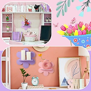 Soaoo 3 Pcs Daisy Wall Shelf Wooden Boho Daisy Shelf Hanging Display Daisy Decor Shelf for Living Room Bathroom Bedroom(Purple and Pink)