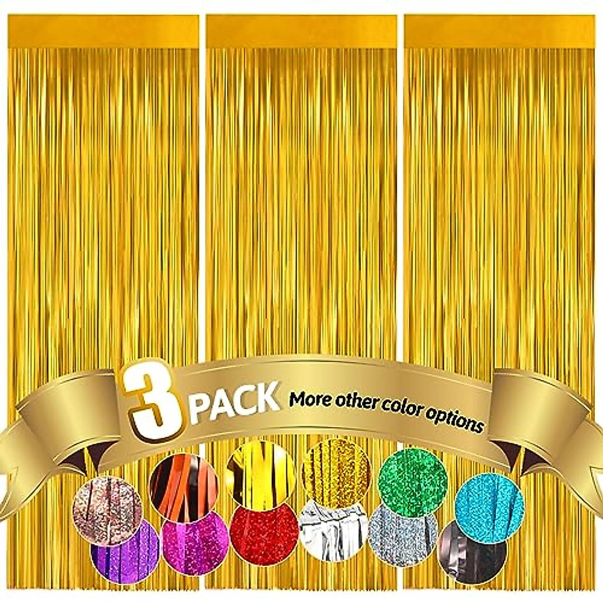 FANNEV 3pcs 3.3 * 8.2ft Gold Tinsel Foil Fringe Curtains Streamers for Birthday Graduation Wedding Engagement Bridal Shower Bachelorette Holiday Gold Party Decorations, Christmas Photo Back Drop